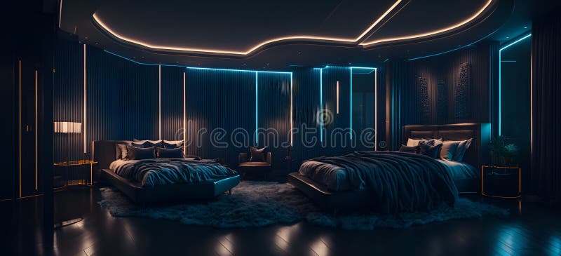 Ai Generated a Modern Bedroom with Twin Beds and Blue Accent Lighting ...