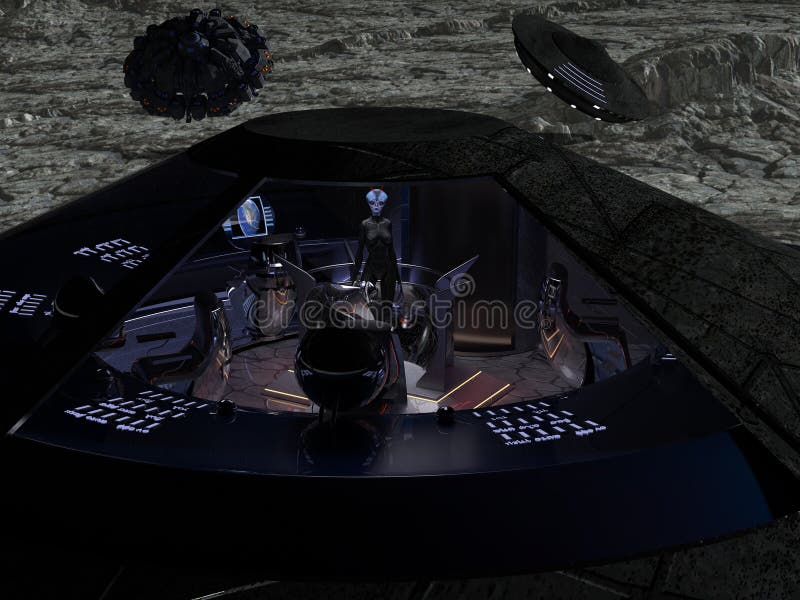 Illustration of an Alien on the Bridge of a Disc Shape Ship with Two ...