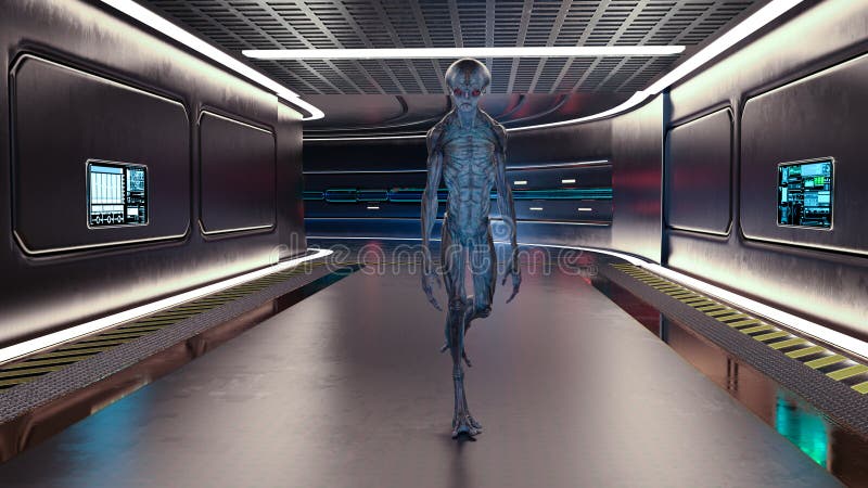 3d Illustration of an Alien with Red Eyes Walking in a Starship ...