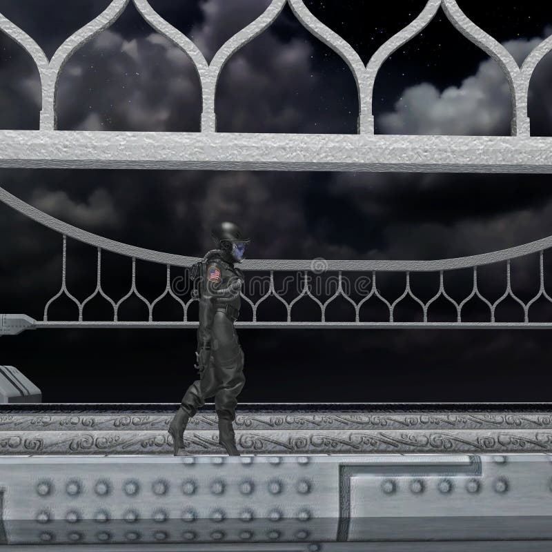 Woman Astronaut on a Space Walkway with a Planet with Rings in the ...