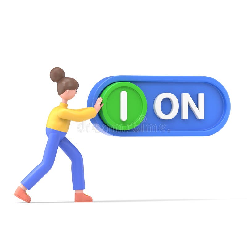 3D Illustration of Asian Woman Angela Presses a Button. Project Start ...