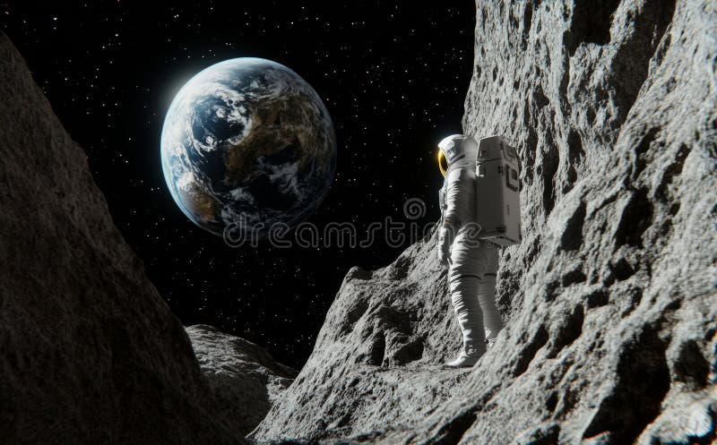 3D Illustration of Astronaut in Space between Earth and Moon. NASA ...