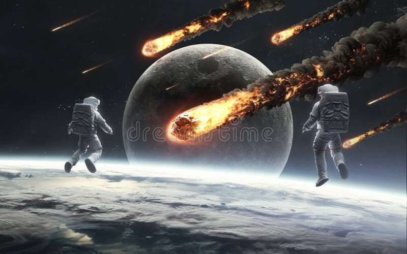 3D Illustration of Astronauts Watch Meteorites Falling To the Ground ...