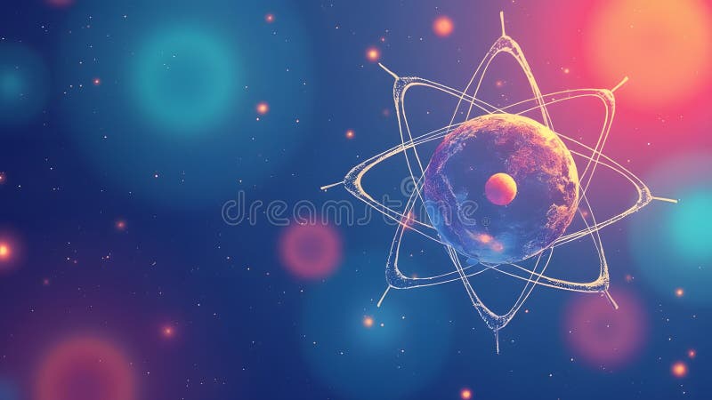 3d Illustration of Atom in Space with Stars on the Background. Science ...