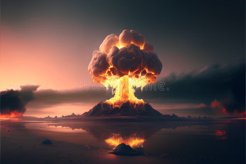 3D Illustration of an Atomic Bomb Explosion on the Beach at Sunset ...