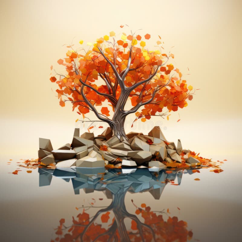 3d Illustration of an Autumn Tree on a Rock Stock Illustration ...