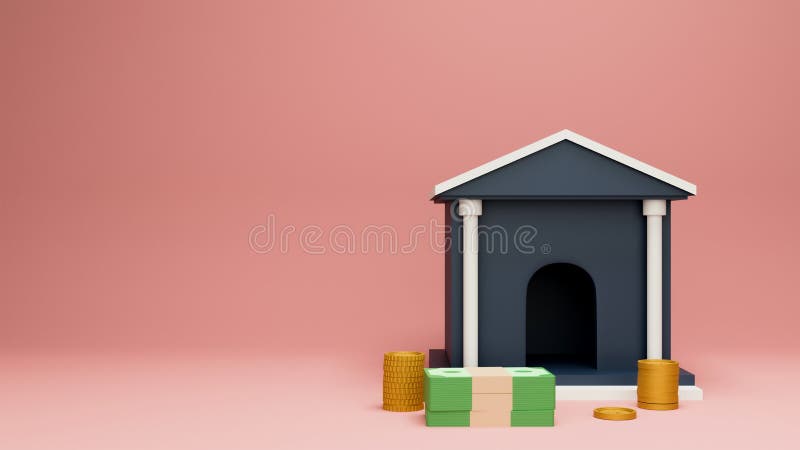 3D Illustration of Bank Structure with Bunch of Banknotes, Golden Coin ...