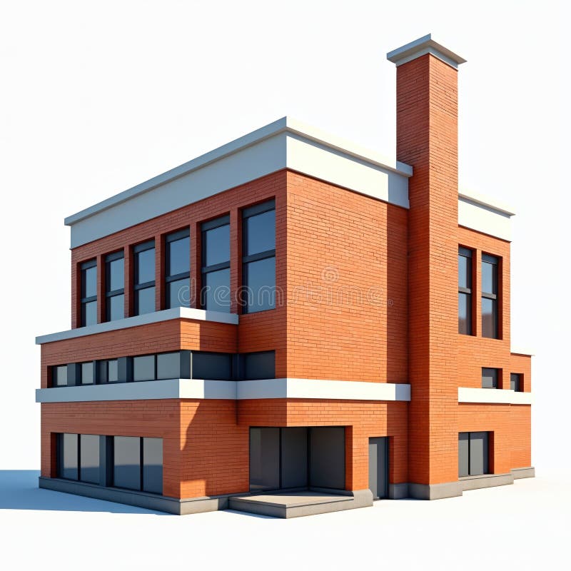 3D Illustration of Basic Design School Building. Red Brick Structure Features White Accent ...