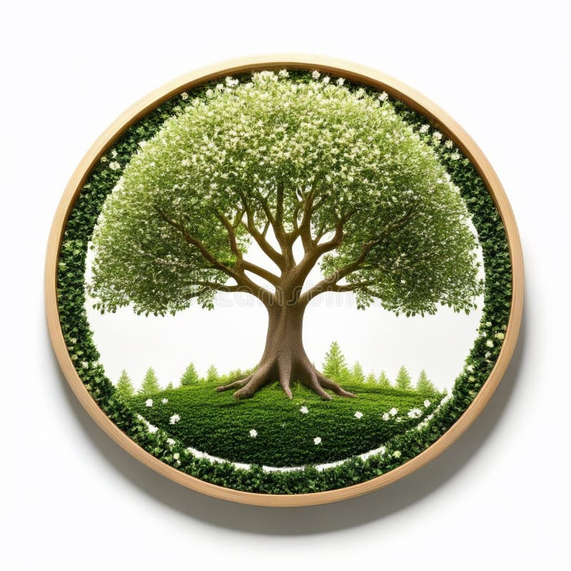 3d Illustration of a Beautiful Tree in a Round Frame with Butterflies ...