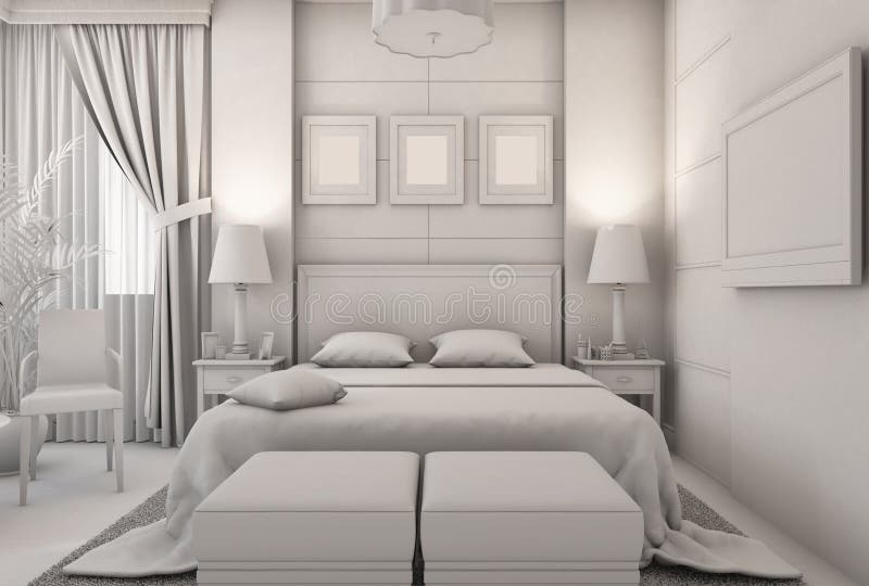 3D Illustration of a Bedroom in Modern Style without Textures and ...