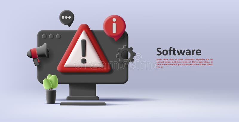 3d Illustration of a Black Desktop Computer with Big Warning Sign Stock ...