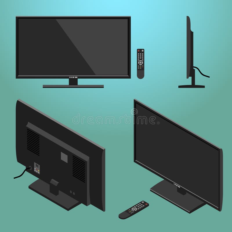 3D Illustration of Black Modern LED TV with Remote Control Isometric ...