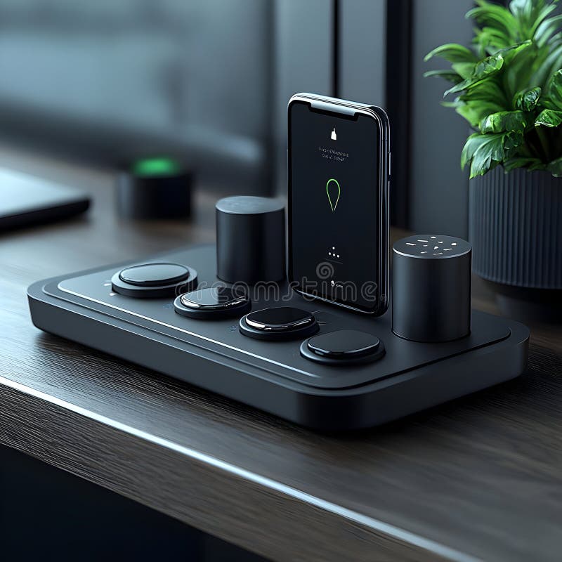 3D Illustration of a Black Wireless Charging Station with a Phone and ...