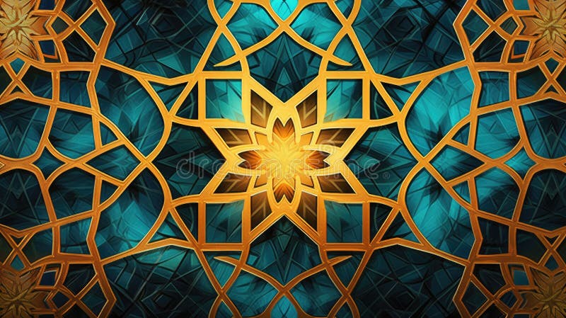 3d Illustration of Blue Background with Golden Ornament Pattern and an ...