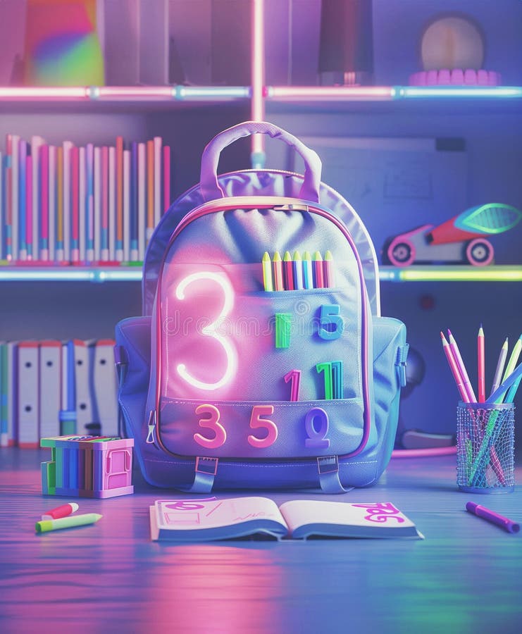 3d Illustration of a Blue Backpack with School Supplies, on the Table ...