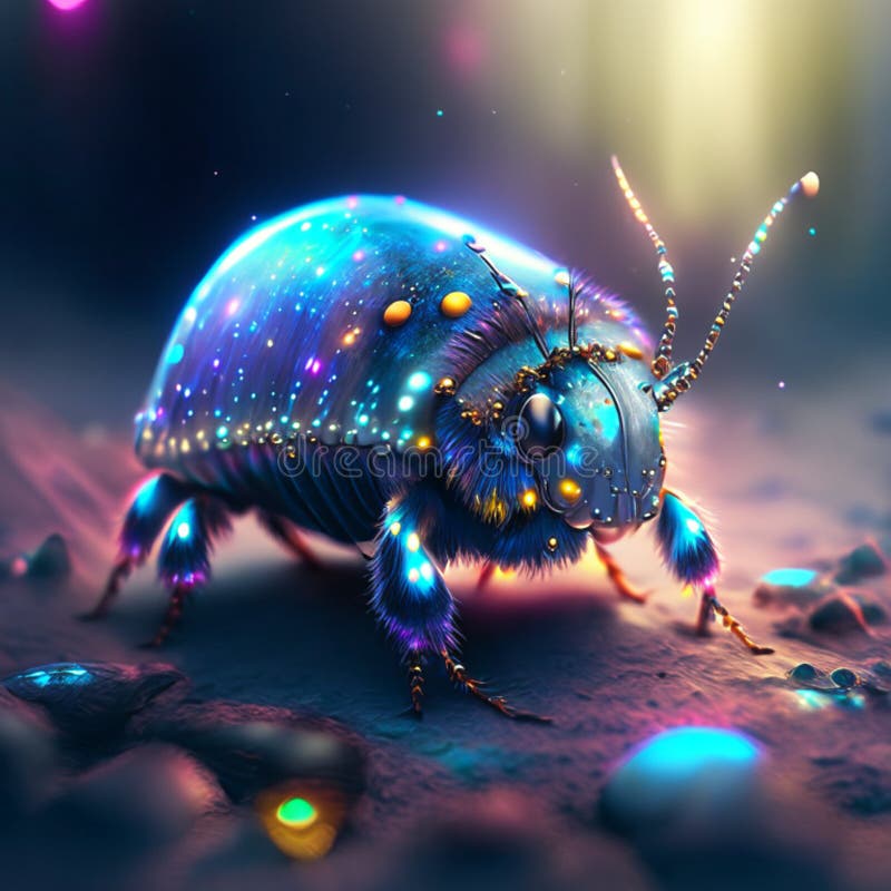3d Illustration of a Blue Beetle in Neon Light. 3d Rendering Generative ...