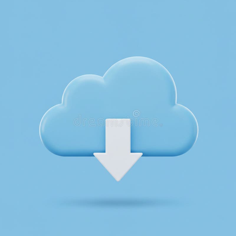 A 3D Illustration of a Blue Cloud Icon with a White Downward-pointing ...