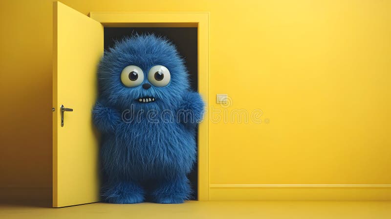 3D Illustration Blue Fuzzy Monster in Yellow Room Stock Illustration ...