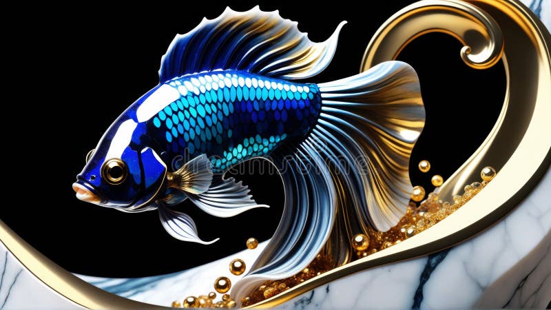 3d Illustration of Blue and Gold Fish with Gold Frame on Black ...