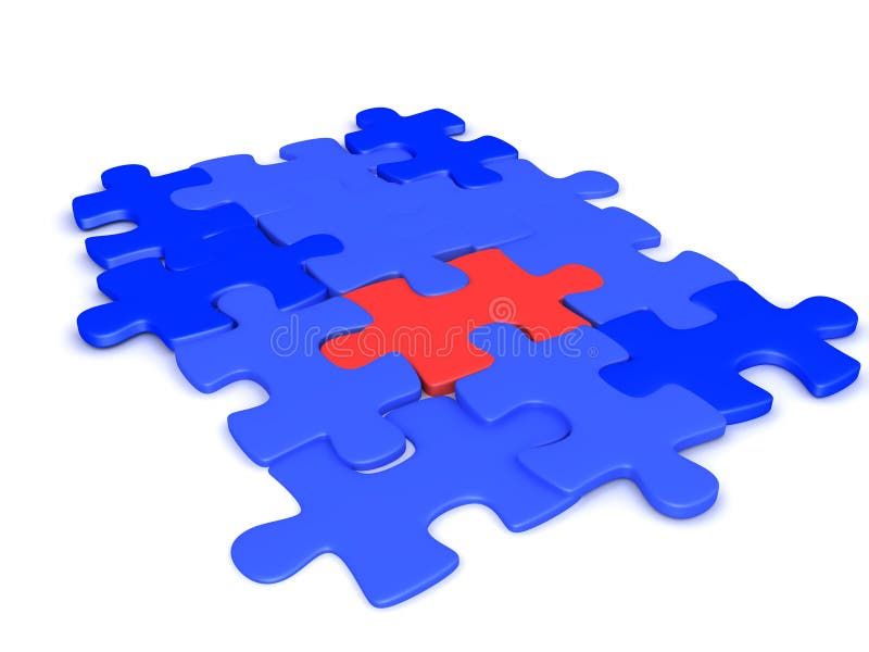 3D Illustration of Blue Jigsaw Puzzles Pieces with a Red One in Stock ...