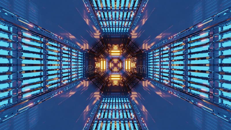 3D Illustration of a Blue Octagon Shaped Sci-fi Tunnel Enlightened with ...
