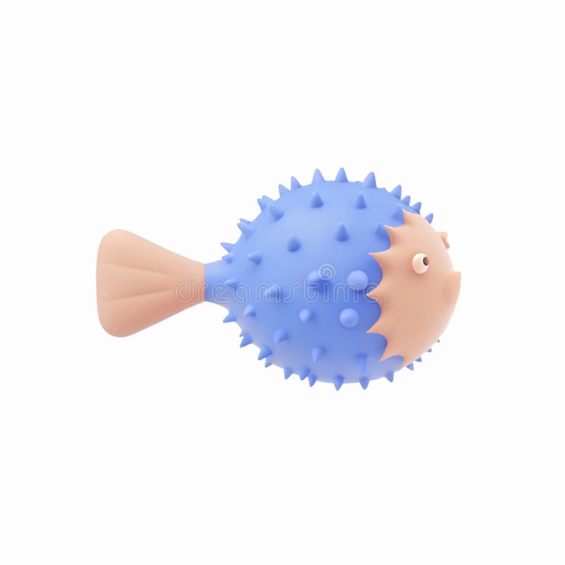 3D Illustration of Blue Spiky Puffer Fish with Light Tan Tail on ...