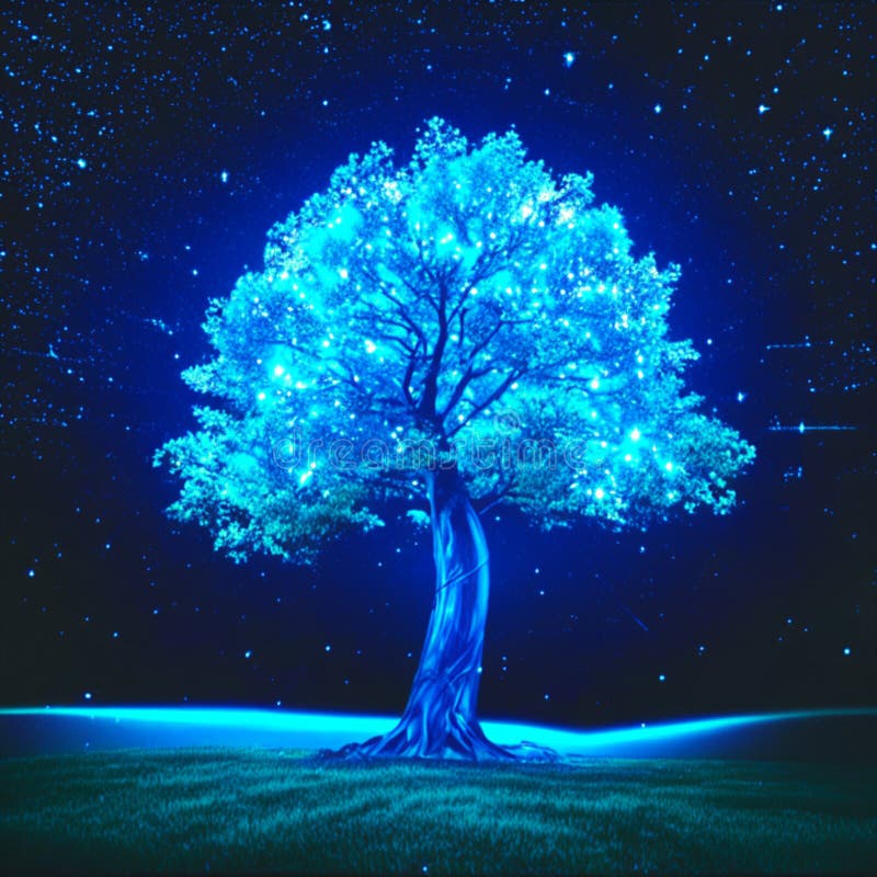 3d Illustration of a Blue Tree in the Night Starry Sky AI Generated ...