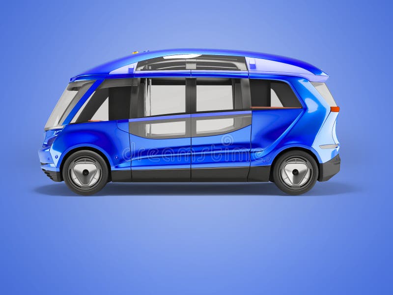 3d Illustration Blue Unmanned Electric Bus Side View on Blue Background ...