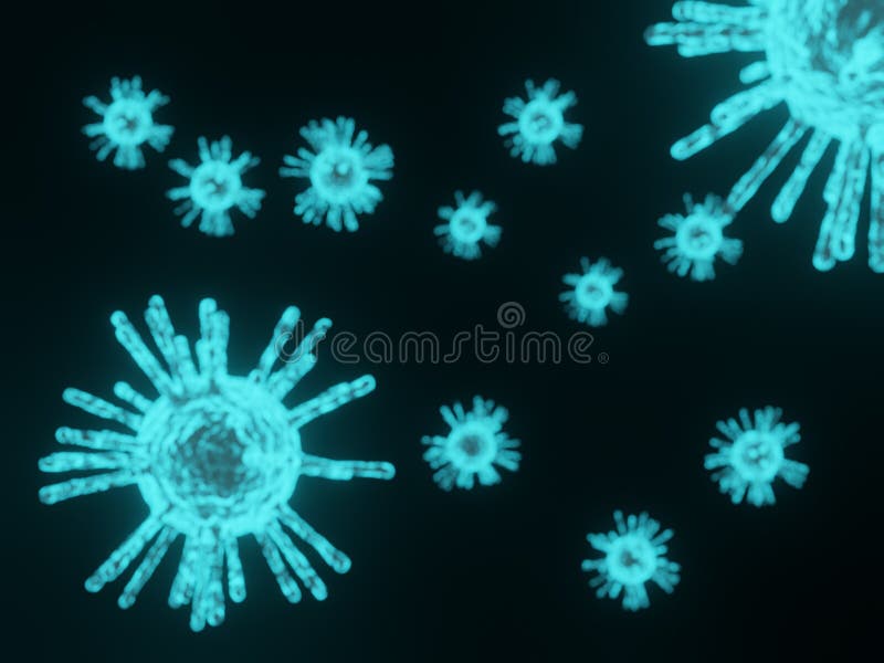 3D Illustration Blue Virus Glowing on Black Background. Virus Spread ...