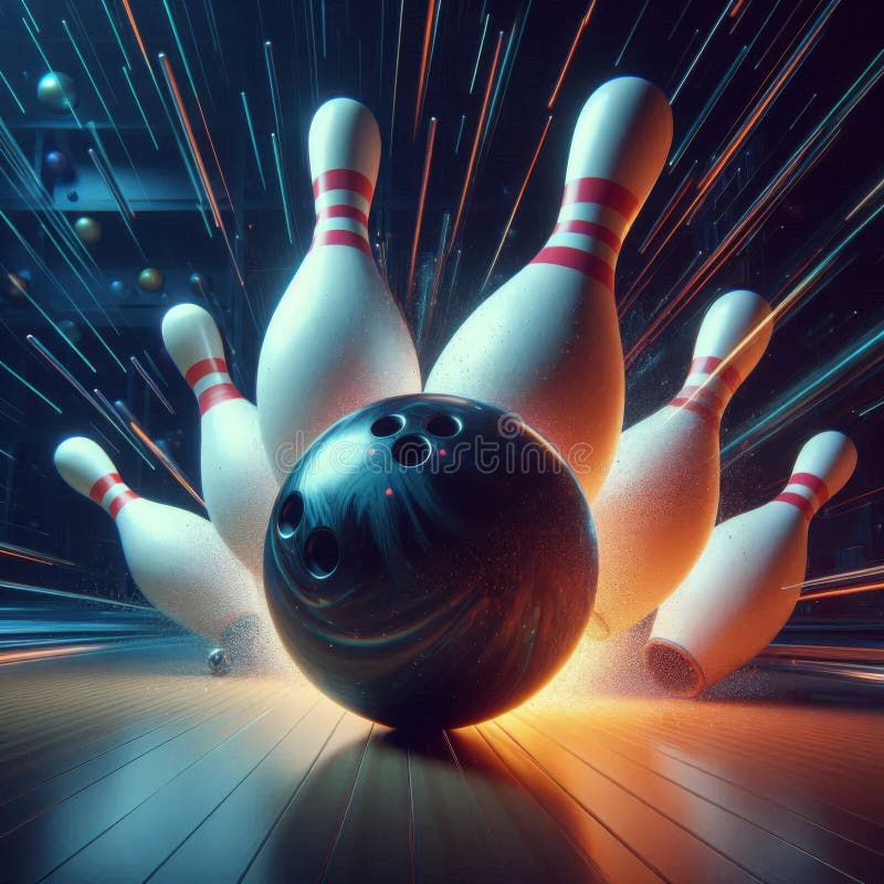 3D Illustration of a Bowling Ball Striking Pins with Impact Stock ...