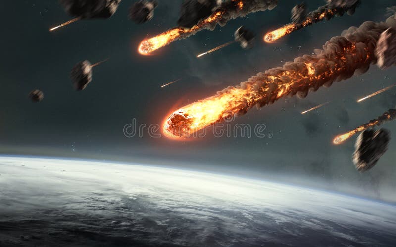 3D Illustration of Burning Meteors Shower Falling To Earth. Asteroid ...