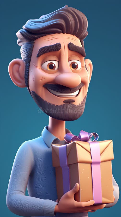 3D Illustration of a Cartoon Character with a Gift Box in His Hand ...