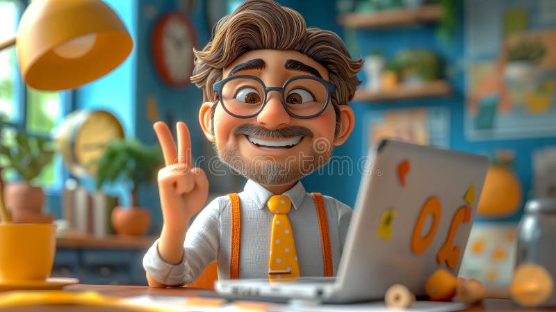 3d Illustration of a Cartoon Character with a Laptop in His Room Stock ...