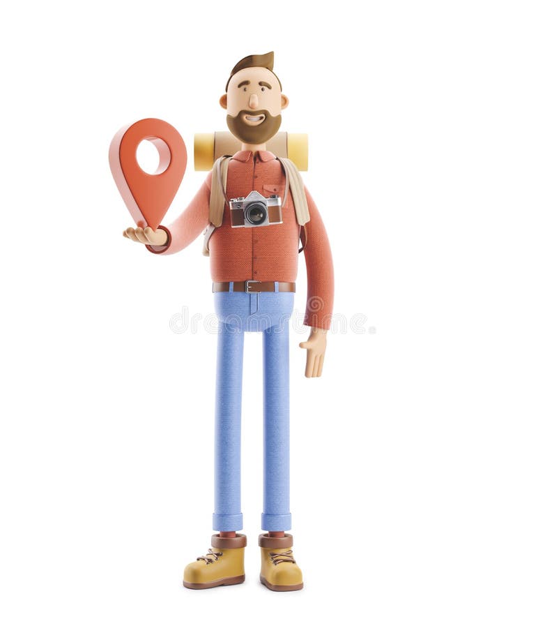 Cartoon Character Tourist Stands with a Large Map Pointer in His Hands ...