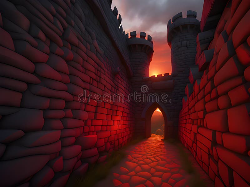 3d Illustration of the Castle Wall, with Red and White Bricks, Sunset ...