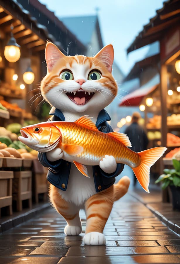 3D Illustration a Cat Holding Fish in Market Stock Illustration ...