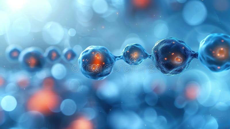 3D Illustration of a Chain of Human Cells. the Cells are Blue and the ...