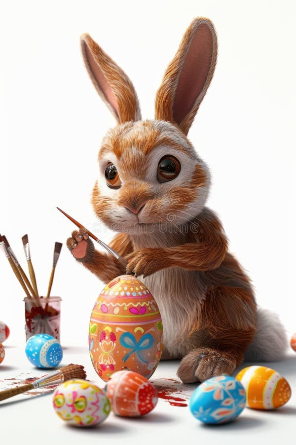 3D Illustration, Cheerful Rabbit with Brush Painting Easter Egg, White ...