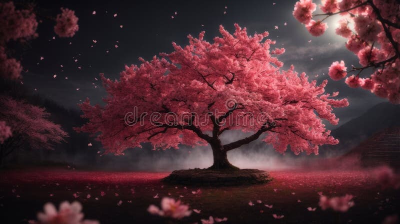 3d Illustration of Cherry Blossom Tree with Red Flowers in the Dark ...