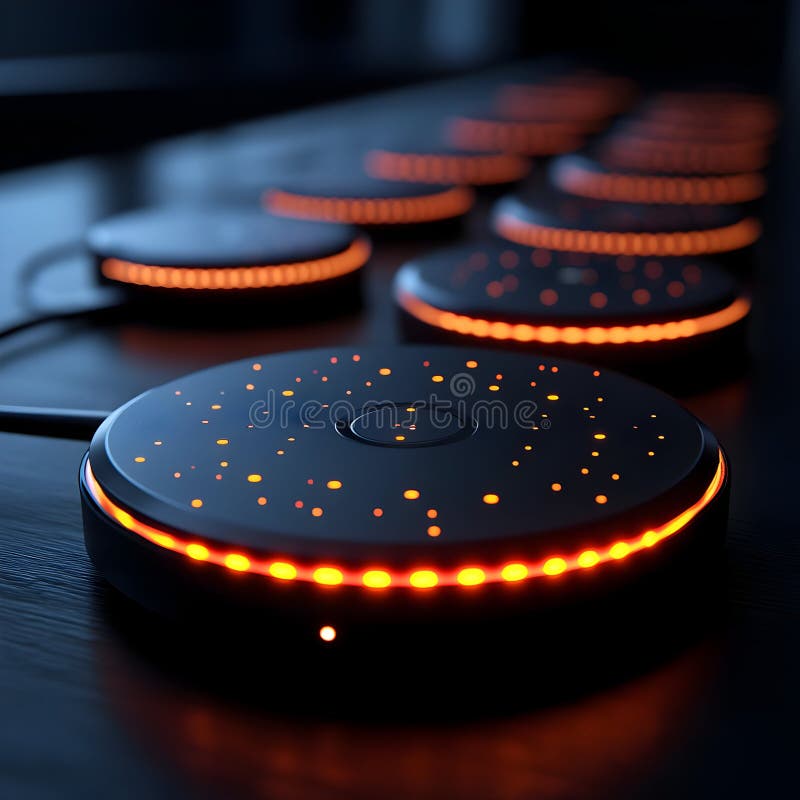 3D Illustration of Circular Objects with Orange Lights Stock ...