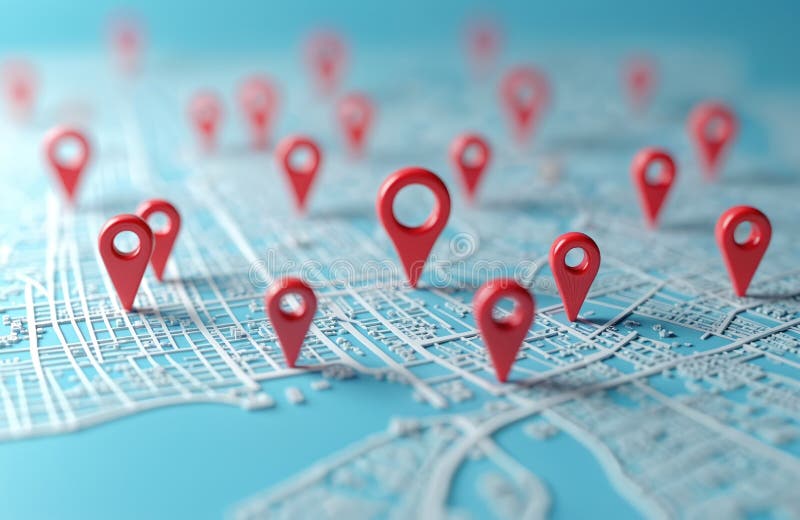 3D Illustration of City Map with Red Pointers on Blue Background ...
