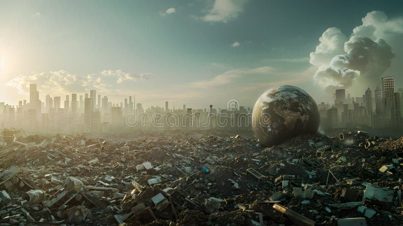 3D Illustration of a Cityscape Buried Under Garbage with a Globe in the ...