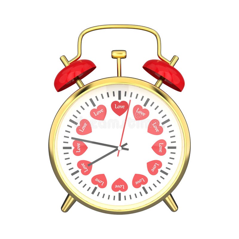 3D Illustration Closeup Isolated Gold Clock with Red Hearts Stock ...
