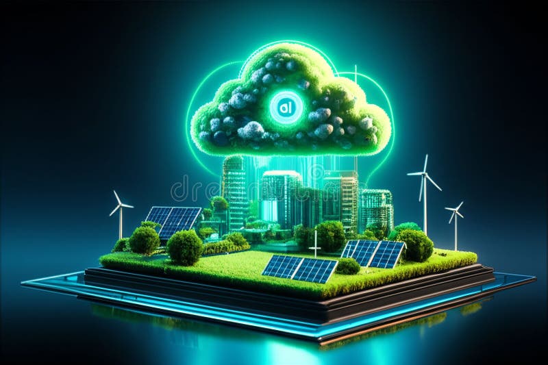 3D Illustration, Cloud Computing with Renewable Energy Stock ...