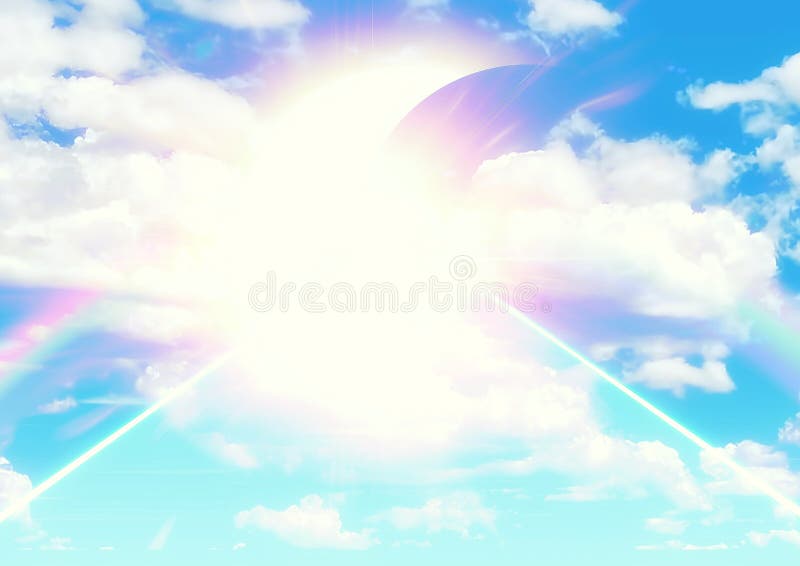 3D Illustration of Clouds Floating in the Blue Sky and a Path of Light ...