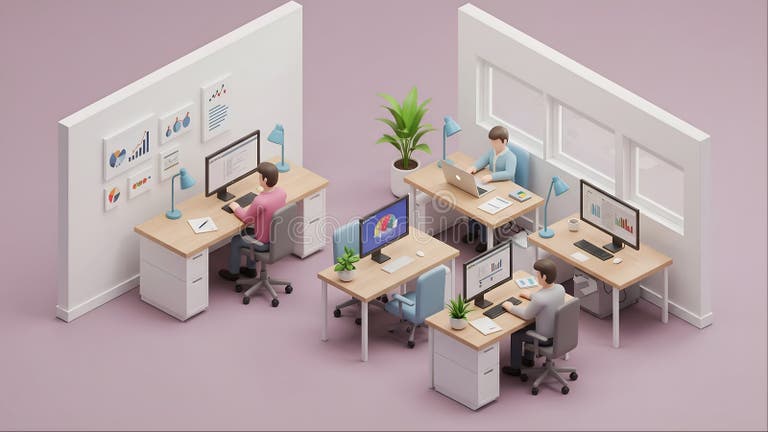 3D Illustration of a Collaborative Office Setup with Computers and ...