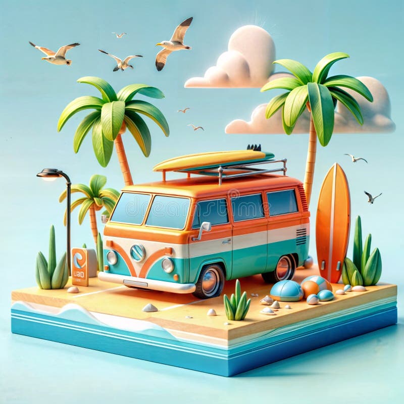 3d Illustration of Colorful Caravan with Palm Trees and Surfboards by ...