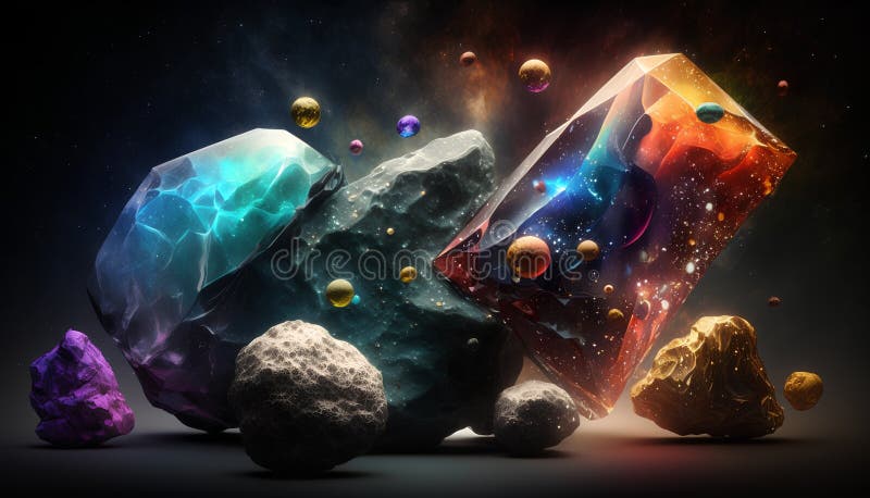3D Illustration of Colorful Crystals in Space with Stars and Planets. Stock Illustration ...