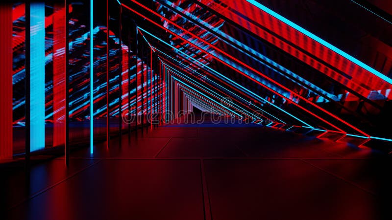3D Illustration Of Colorful Neon Lights Triangular Tunnel Loop With ...