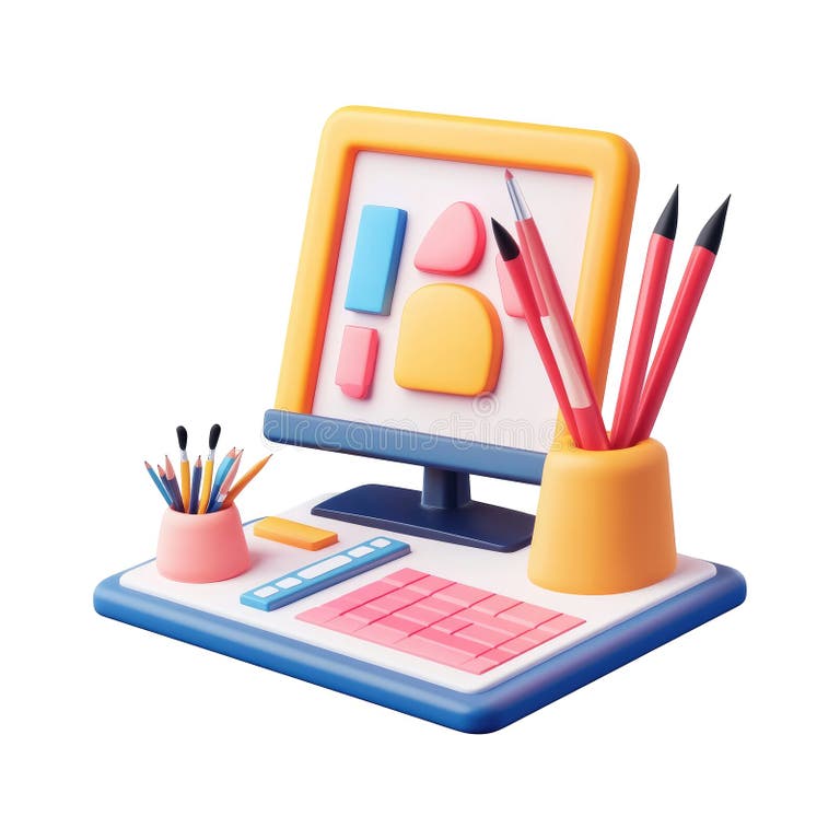 Colorful 3D Render of Computer with Pencils and Brush for Creative ...